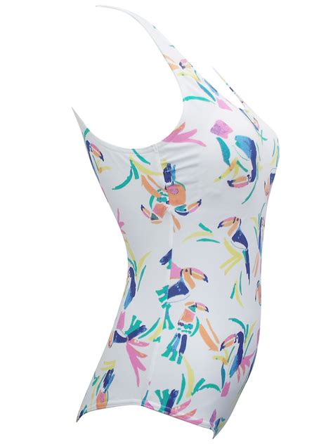 White Toucan Print Scoop Neck Swimsuit Size 8 To 24