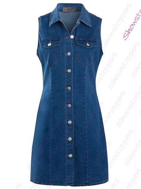Womens Denim Dress Stretch Sleeveless Shirt Dresses Size 8 10 12 14 16