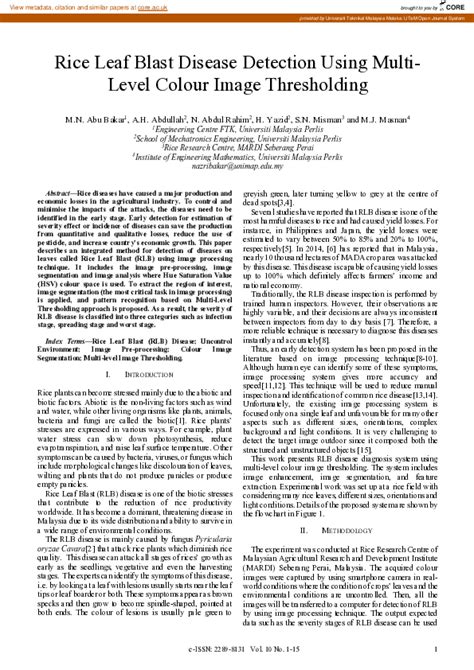 Pdf Rice Leaf Blast Disease Detection Using Multi Level Colour Image Thresholding