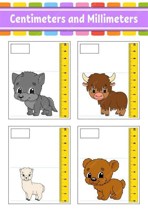 센티미터 및 밀리미터로 길이 측정 교육 개발 워크시트 어린이용 게임 색상 활동 페이지 프리미엄 벡터