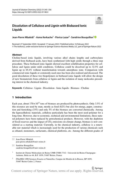 Dissolution Of Cellulose And Lignin With Biobased Ionic Liquids Request Pdf