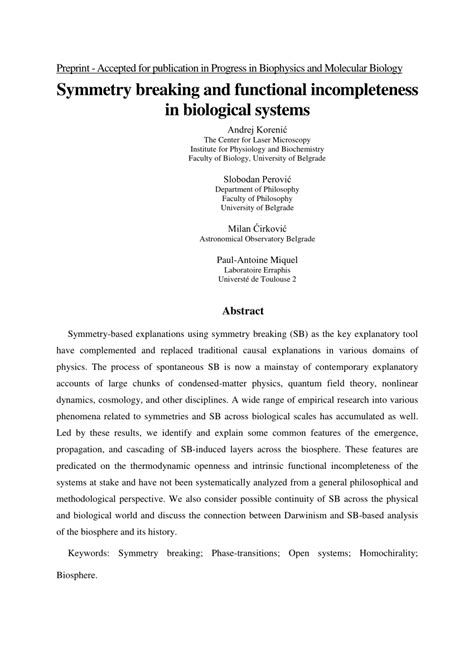 Pdf Symmetry Breaking And Functional Incompleteness In Biological Systems