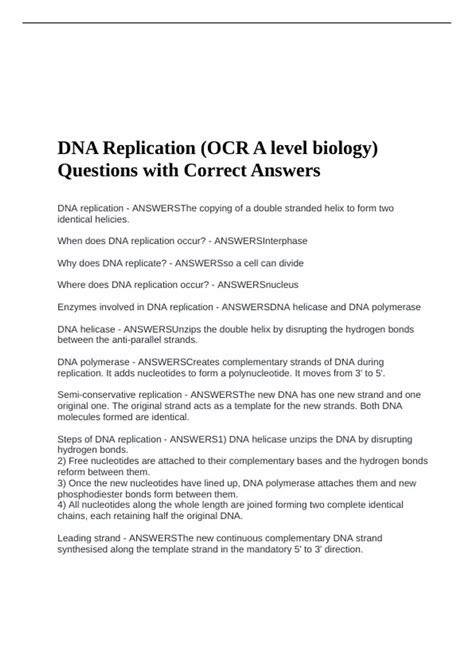 Dna Replication Ocr A Level Biology Questions With Correct Answers