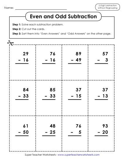 Subtraction Problems Evenodd Sort Printable Pdf Worksheet