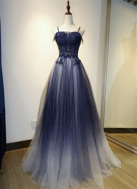 Elegant Gradient Tulle Straps Long Party Dress A Line Tulle Prom Dres