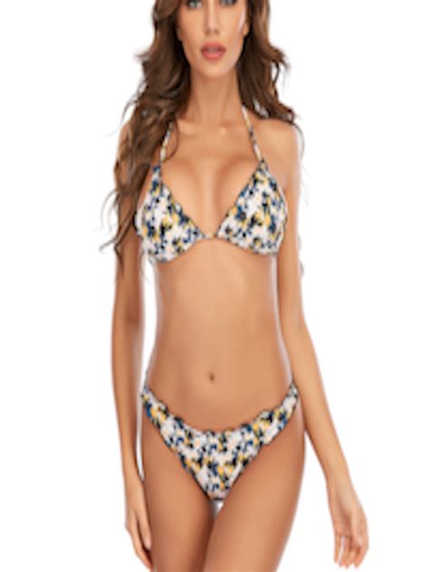 Buy Urbanic Women White And Blue Floral Print Swim Bikini Set Swimwear