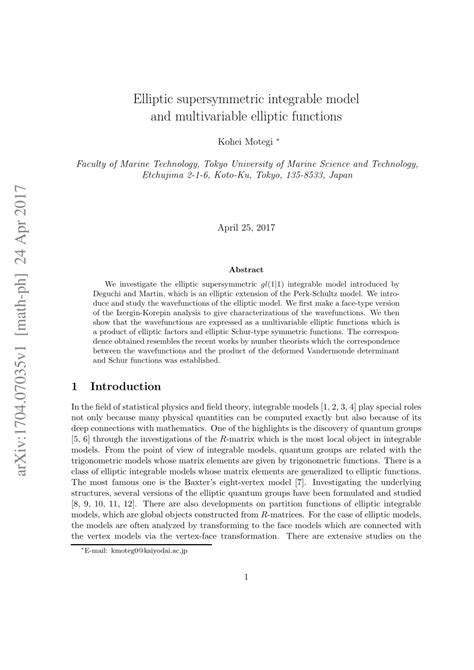 Pdf Elliptic Supersymmetric Integrable Model And Multivariable Elliptic Functions
