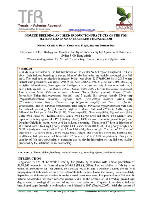 Pdf Induced Breeding And Seed Production Practices Of The Fish