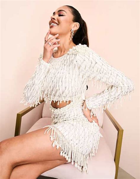 Asos Luxe Robe Courte Ornée De Perles Fantaisie à Manches Longues Et