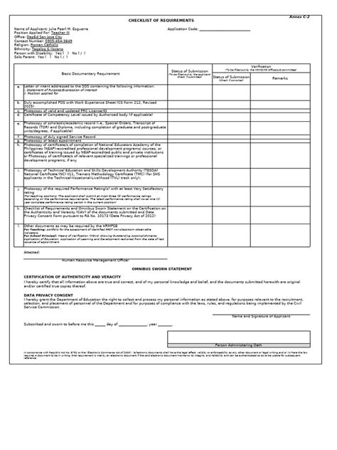 Annex C 2 Checklist Of Requirements And Omnibus Sworn Statement Pdf
