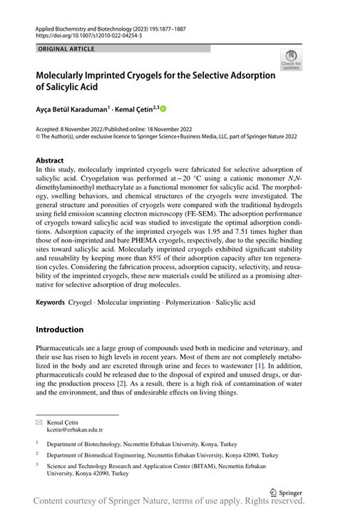 Molecularly Imprinted Cryogels For The Selective Adsorption Of
