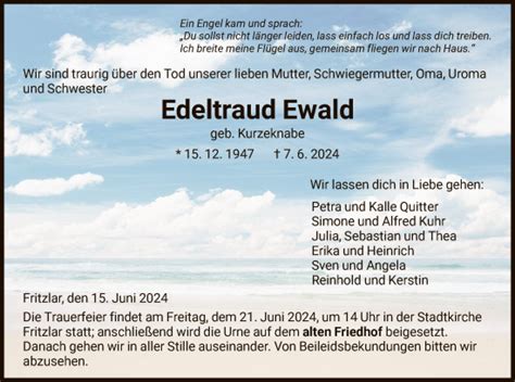 Traueranzeigen Von Edeltraud Ewald Trauer HNA De