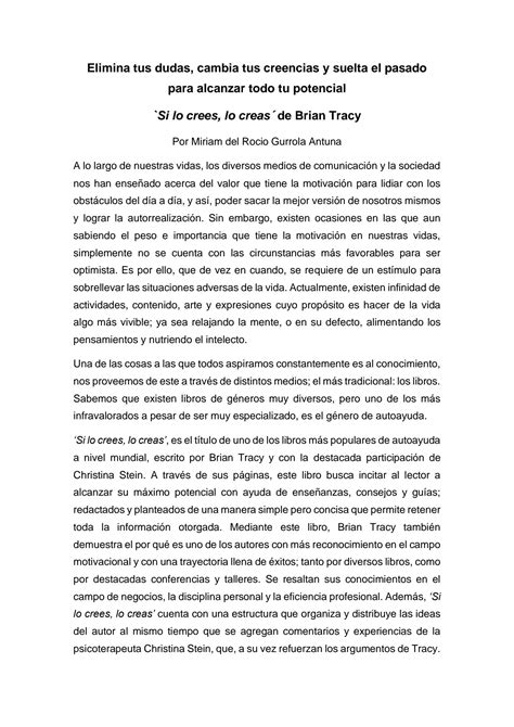 SOLUTION Ensayo Del Libro Si Lo Crees Lo Creas Studypool