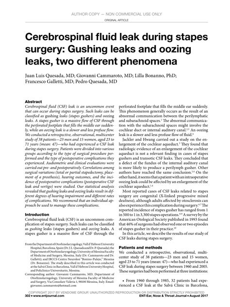 Pdf Cerebrospinal Fluid Leak During Stapes Surgery Gushing Leaks And