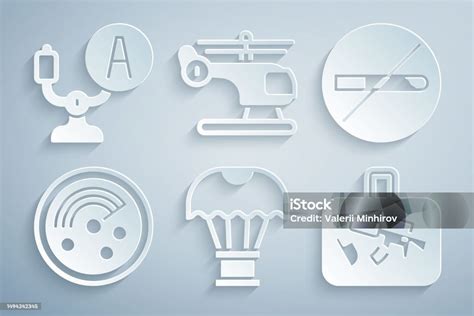 낙하산 금연 표적 모니터가 있는 레이더 여행 가방 헬리콥터 및 항공기 조타 장치 아이콘으로 비행하는 세트 박스 벡터 3차원 형태에 대한 스톡 벡터 아트 및 기타 이미지