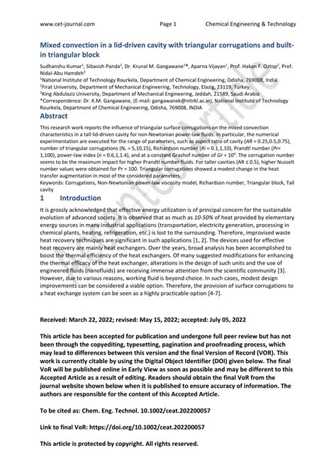 Pdf Mixed Convection In A Lid‐driven Cavity With Triangular Corrugations And Built‐in
