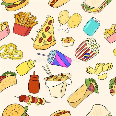 Hand Drawn Fast Food Elements Pattern Vector Illustration Stock Vector