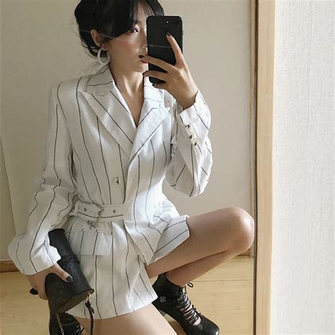 Bgteever White Striped Women Blazers Elegant Sashes Irregular Jacket