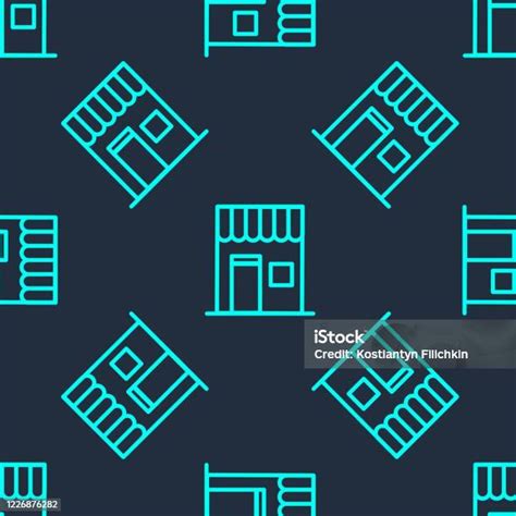 녹색 라인 커피 숍 아이콘 파란색 배경에 원활한 패턴을 고립 벡터 일러스트레이션 거리에 대한 스톡 벡터 아트 및 기타 이미지 거리 건물 외관 건물 정면 Istock