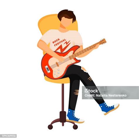 일렉트릭 기타 세미 플랫 컬러 벡터 캐릭터를 연주하는 소년 Performing Arts Event에 대한 스톡 벡터 아트 및 기타 이미지 Performing Arts