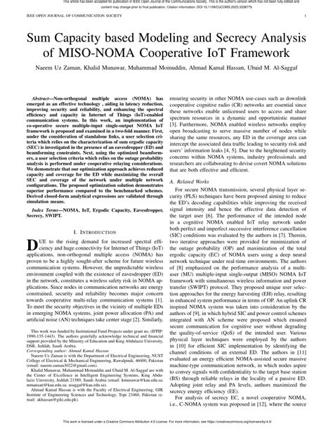 PDF Sum Capacity Based Modeling And Secrecy Analysis Of MISO NOMA Cooperative IoT Framework