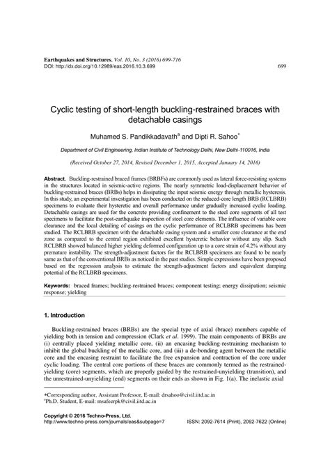 Pdf Cyclic Testing Of Short Length Buckling Restrained Braces With Detachable Casings