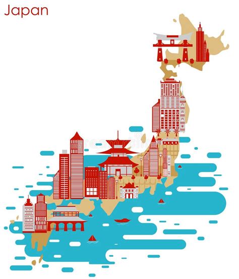 Map Of Country Japan With Building And Famous Monument Stock Vector
