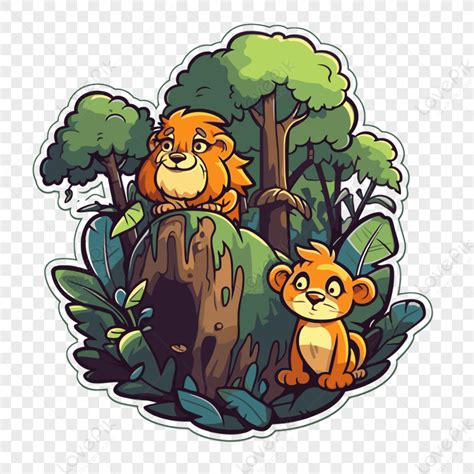 숲 속에 그루터기가 있는 두 만화 사자 벡터제도법삽화 Png 일러스트 무료 다운로드 Lovepik