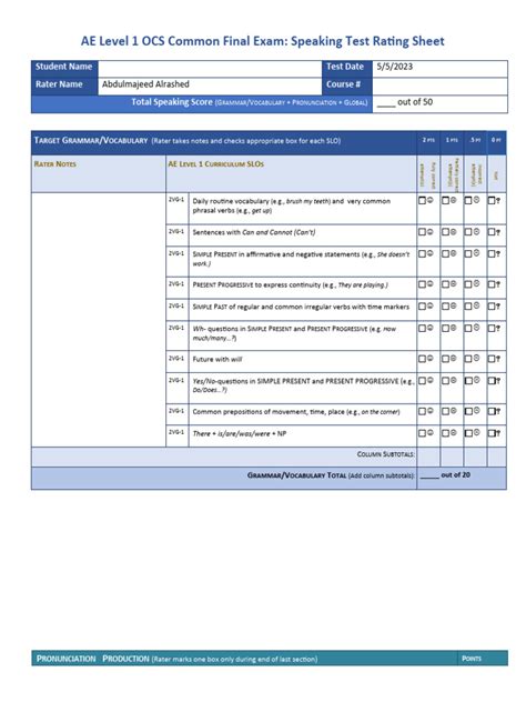 Final Exam Sp 23 Speaking Test Rating Sheet Pdf Accent