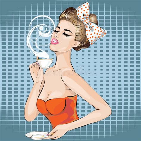 Pop Art Woman Portrait With Morning Cup Of Tea Pin Up Girl Stock