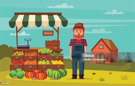 Toko Pertanian Pasar Kios Lokal Menjual Sayuran Ilustrasi Vektor Kartun