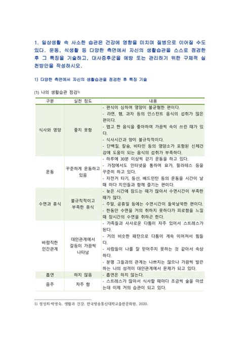 생활과건강 2023년 중간과제물 1 운동 식생활 등 다양한 측면에서 자신의 생활습관 특징 기술 대사증후군을 예방 또는 관리