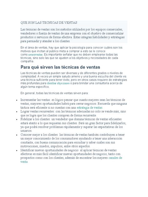 Que Son Las Tecnicas De Ventas Pdf