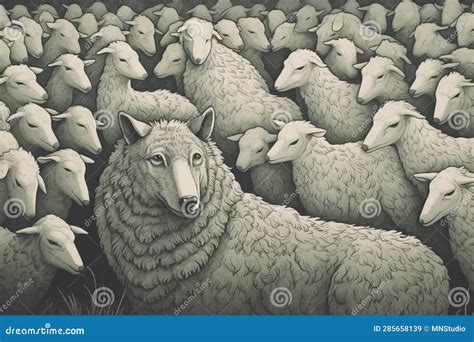 Wolf Disguised As A Sheep Hiding In A Flock Of Sheep Wolf Pretending