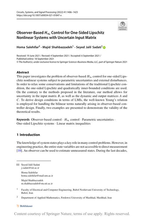 Observer Based H Infty Control For One Sided Lipschitz Nonlinear Systems With Uncertain