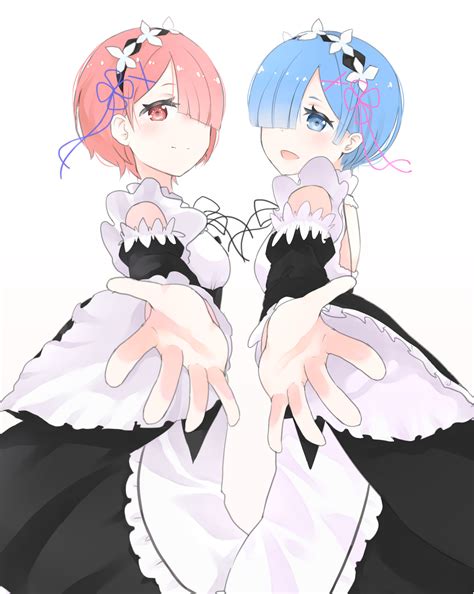 배경 화면 애니메이션 소녀들 레 제로 카라하지 메루 이세 카이 세이 카츠 렘 레 제로 램 레 제로 파란 머리 핑크 머리카락 짧은 머리 쌍둥이 삽화 디지털