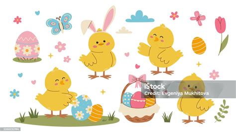 부활절 날에 대 한 플랫 벡터 일러스트 세트 귀여운 부활절 토끼 닭 달걀 바구니 부활절 달걀 꽃 나비 행복한 부활절 비문 벡터 일러스트 레이 션 병아리에 대한 스톡 벡터