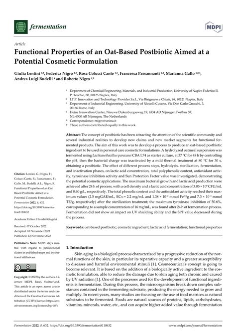 Pdf Functional Properties Of An Oat Based Postbiotic Aimed At A Potential Cosmetic Formulation