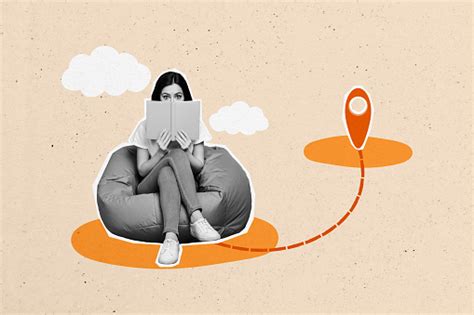 복합 경향 삽화 3d 스케치 이미지 사진 콜라주 실루엣 젊은 아가씨 앉아 콩주머니 독서 도서 상상력 여행 위치 하늘 구름 읽기에 대한 스톡 사진 및 기타 이미지 Istock