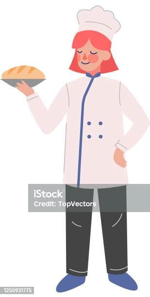 여성 전문 요리사 캐릭터 레스토랑이나 카페에서 일하는 전통적인 유니폼을 입은 여성 베이커 흰색 배경에 대한 벡터 일러스트 레이션 귀여운에 대한 스톡 벡터 아트 및 기타