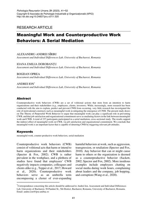 Pdf Meaningful Work And Counterproductive Work Behaviors A Serial Mediation