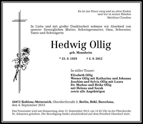 Traueranzeigen Von Hedwig Ollig Rz Trauer De