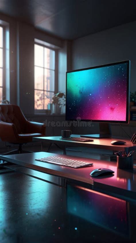 Minimalist Workspace Featuring A Large Curved Monitor Displaying A Nebula Image Keyboard Mouse