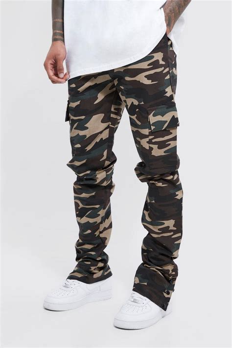 Elasticated Waist Slim Stacked Fit Camo Twill Cargo Boohoo