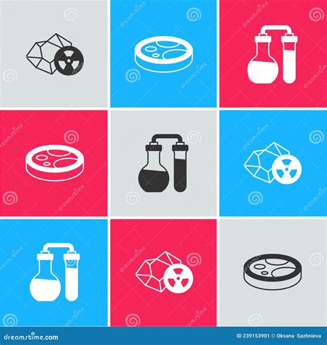 Set Radioactive Petri Dish With Bacteria And Test Tube Icon Vector