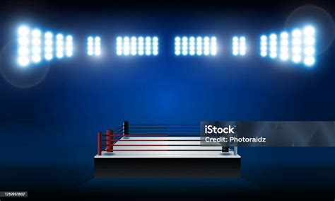 복싱 링 경기장 과 스포트라이트 투광 조명 벡터 디자인 권투장에 대한 스톡 벡터 아트 및 기타 이미지 권투장 비어 있음