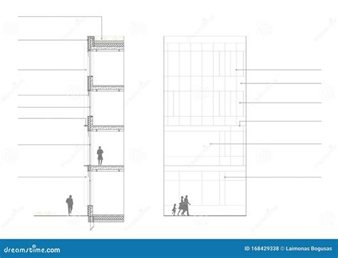 Cad Drawing Detailed Section And Facade Of The Modern Multistory Building Stock Illustration