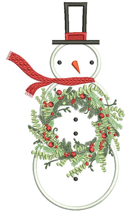 Snowman Holding Christmas Wreath Applique Machine Embroidery Design Di