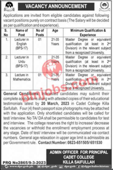 Cadet College Killa Saifullah Jobs 2023 Balochistan Jobs