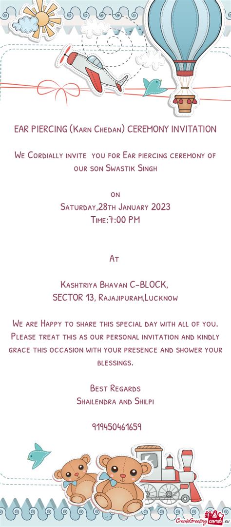 We Cordially Invite You For Ear Piercing Ceremony Of Our Son Swastik Singh Free Cards